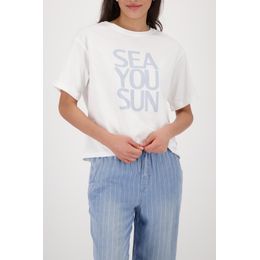T-Shirt monari "Shirt Druck platziert", Damen, Gr. 38, wei&szlig; (ecru), Web, Obermaterial: 100% Baumwolle, unifarben, regular fit taillenbedeckt, Rundhals, eingesetzt abgesteppte Kante, Shirts T-Shirt, Regular fit mit Schriftzug
