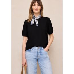 Spitzenshirt STREET ONE STUDIO, Damen, Gr. 34, schwarz, Web;Stoff;Spitze, Obermaterial: 48% Baumwolle, 48% Modal, 4% Elasthan. &Auml;rmel: 97% Polyester, 3% Elasthan, unifarben, regular fit normal, Rundhals, B&uuml;ndchen, Shirts, im soften Baumwoll-Mix