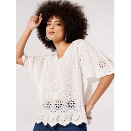 Spitzenbluse Apricot "Bluse", Damen, Gr. M/L (38/40), wei&szlig;, gewebt, Obermaterial: 100% Baumwolle CO., uni, V-Ausschnitt, weit, Blusen Spitzenbluse, mit Stickereien