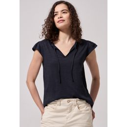 Blusenshirt STREET ONE STUDIO, Damen, Gr. 34, maritime blau, Stoff, 50% Modal, 50% Baumwolle, unifarben, normal normal, Rundhals, abgesteppt, Shirts Blusenshirt, mit R&uuml;schendetails