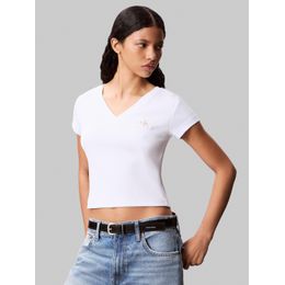 T-Shirt Calvin Klein Jeans "A- SS WOVEN LABEL RIB VNECK TEE", Damen, Gr. L (42), wei&szlig; (brilliant wei&szlig;), Rippware, Obermaterial: 95% Baumwolle, 5% Elasthan, unifarben, figurbetont taillenbedeckt, V-Ausschnitt, Shirts T-Shirt, mit gewebtem Label