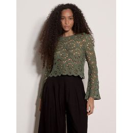 Druckbluse Apricot "Bluse", Damen, Gr. XS (34), gr&uuml;n (khaki), Strick, Obermaterial: 97% Baumwolle CO. 3% Nylon NY., Modern, Blusen Druckbluse, H&auml;kelverzierungen