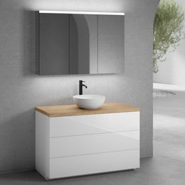 neoro n50 Unterschrank B: 120 cm mit 3 Ausz&uuml;gen, Waschtisch &Oslash; 40 cm wei&szlig; matt, mit Spiegelschrank,, BN0064WM+BN0454WH+BN0404W1+BN0475MI,