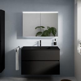evineo ineo5 evo Unterschrank B: 100 cm mit 2 Ausz&uuml;gen, Slim-Waschtisch schwarz matt, mit ineo5 evo Spiegelschrank,,