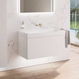 neoro n50 stripes Unterschrank B: 100 cm mit 1 Auszug, warmwei&szlig; profiliert, Waschtisch cube, BN0493BWM+BN0149WM,
