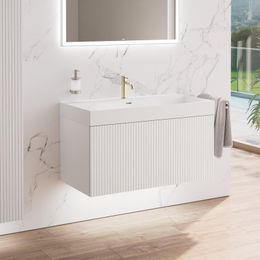 neoro n50 stripes Unterschrank B: 100 cm mit 1 Auszug, warmwei&szlig; profiliert, Waschtisch cube, BN0493BWM+BN0139WM,