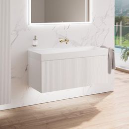 neoro n50 stripes Unterschrank B: 120 cm mit 1 Auszug, warmwei&szlig; profiliert, Waschtisch cube, BN0494BWM+BN0150WM,