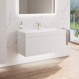 neoro n50 stripes Unterschrank B: 120 cm mit 1 Auszug, warmwei&szlig; profiliert, Waschtisch cube, BN0494BWM+BN0145WM,