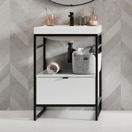 evineo ineo3 Waschtisch mit Waschtischunterschrank und Metallkonsole B: 61 cm, BE0409WH+BE0710BM+BE0740WH,