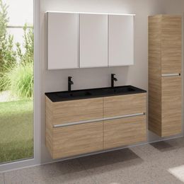 evineo ineo5 evo Unterschrank B: 120 cm mit 4 Ausz&uuml;gen, Slim-Doppelwaschtisch schwarz matt, mit ineo Spiegelschrank,, BE0837BM+BE0960OA+BEA004MI,