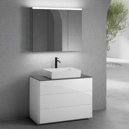 neoro n50 Unterschrank B: 100 cm mit 3 Ausz&uuml;gen, Waschtisch B: 58 cm wei&szlig; matt, mit Spiegelschrank,, BN0065WM+BN0453WH+BN0403GR+BN0474MI,