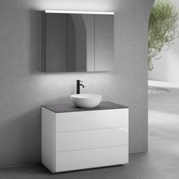 neoro n50 Unterschrank B: 100 cm mit 3 Ausz&uuml;gen, Waschtisch &Oslash; 45 cm wei&szlig; matt, mit Spiegelschrank f&uuml;r die Schweiz,,