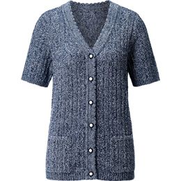 Damen Ajourstrickjacke mit Taschen, aufgesetzt marine-hellblau-meliert, Gr&ouml;&szlig;e 38