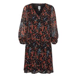 Midikleid Ichi "Kleid IHBALLY", Damen, Gr. 38, N-Gr, schwarz (schwarz small multi flower), Obermaterial: 60% Polyester Pol. recyc.. 40% Polyester PES., Kleider Midikleid
