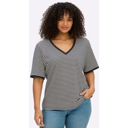 Kurzarmshirt sheego "Shirt", Damen, Gr. 40/42, ecru, tiefblau, geringelt, 50% Baumwolle, 50% Modal, gemustert, gestreift, V-Ausschnitt, Shirts