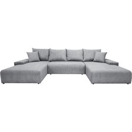 Wohnlandschaft WERK2 "Amalfi", grau, B:348cm H:95cm T:188cm, 90% Polyester, 10% Nylon, Sofas, Wohnlandschaft, XXL Design Wohnlandschaft in Cord mit Schlaffunktion & Bettkasten