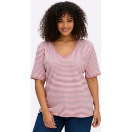 Kurzarmshirt sheego "Shirt", Damen, Gr. 40/42, ecru, altrosa, geringelt, 50% Baumwolle, 50% Modal, gemustert, gestreift, V-Ausschnitt, Shirts