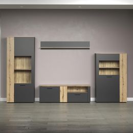 Wohnwand Home Affaire "Estepona", anthrazit und eichefarben, B:340cm H:195cm T:42cm, Glas, Holzwerkstoff, Kunststoff, Kastenm&ouml;bel-Sets, Wohnwand, Wohnzimmerm&ouml;bel mit Rillenoptik - (B/T/H): 340/42/195 cm