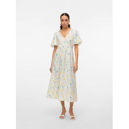 V&eacute;ro Moda Sommerkleid VERO MODA "VMFLORA OLGA SS 7/8 DRESS WVN GA", Damen, Gr. M, N-Gr, wei&szlig; (snow wei&szlig; aop:olga), Web, Obermaterial: 75% Viskose, 20% Polyester, 5% Leinen, bedruckt, regular fit kn&ouml;chellang, V-Ausschnitt, Kleider Sommerkleid