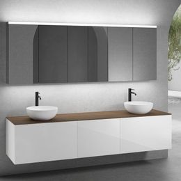 neoro n50 M&ouml;belanlage B: 220 cm mit 3 Ausz&uuml;gen, 2 Waschtische &Oslash; 45 cm wei&szlig; matt, mit Spiegelschrank f&uuml;r die Schweiz,,