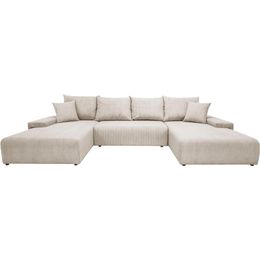 Wohnlandschaft WERK2 "Amalfi", natur, B:348cm H:95cm T:188cm, 90% Polyester, 10% Nylon, Sofas, Wohnlandschaft, XXL Design Wohnlandschaft in Cord mit Schlaffunktion & Bettkasten