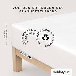 Spannbettlaken Schlafgut "PREMIUM Mako-Zwirn-Jersey, 220 g/m&sup2;, 95% Bio-Baumwolle, 5% Elasthan", wei&szlig; (full, wei&szlig;), 1 Stk., Mako-Zwirn-Jersey, 140-160x200-220 30cm, Mako-Zwirn-Jersey, Obermaterial: 95% Baumwolle, 5% Elasthan, Bettlaken, Spannbettlaken, Bettlaken bis 30 cm H&ouml;he, PREMIUM-Qualit&auml;t langlebig, perfekter Sitz