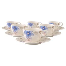Villeroy & Boch Tasse VILLEROY & BOCH "Kaffeetassen mit Untertassen Mariefleur Gris Basic 150 ml 6er Set bunt", bunt, 6 tlg., Porzellan, Trinkgef&auml;&szlig;e, Tasse