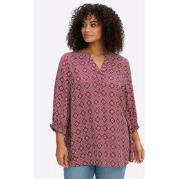 Longbluse sheego, Damen, Gr. 46, ecru, bordeaux, bedruckt, 100% Viskose, ethno, gemustert, Rundhals, Blusen Longbluse