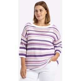3/4 Arm-Pullover sheego "3/4-Arm-Pullover", Damen, Gr. 44/46, orchidee, wei&szlig;, geringelt, 100% Baumwolle, gemustert, gestreift, Pullover