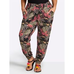 Jerseyhose sheego, Damen, Gr. 44, Normalgr&ouml;&szlig;en, schwarz, burgund, bedruckt, 95% Viskose, 5% Elasthan, gebl&uuml;mt, gemustert, mehrfarbig, Hosen Jerseyhose