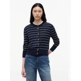 Strickjacke Tommy Hilfiger "FULL NEEDLE STITCH CARDIGAN", Damen, Gr. L (42/44), fine stp schwarz night navy, ivory, Strick, Obermaterial: 100% Baumwolle, gestreift, normal, Rundhals, Strickjacken Strickjacke, Baumwolle, goldfarbene Kn&ouml;pfe