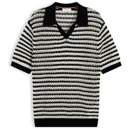 Polokragenpullover Tommy Hilfiger "POINTELLE V-NK POLO SS", Damen, Gr. L (42/44), schwarz-wei&szlig; (schwarz, ivory petal stp), Strick, Obermaterial: 60% Baumwolle, 40% Nylon, gemustert, gestreift, mehrfarbig, regular fit normal, V-Ausschnitt, eingesetzt angesetztes B&uuml;ndchen, Pullover, Baumwollmischung, Polokragen