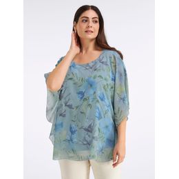 Longbluse sheego, Damen, Gr. 48, kalkmint, eisblau, bedruckt, 100% Polyester, gebl&uuml;mt, gemustert, Rundhals, Blusen Longbluse