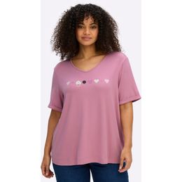 Kurzarmshirt sheego "Shirt", Damen, Gr. 48/50, altrosa, bedruckt, 95% Viskose, 5% Elasthan, bedruckt, gemustert, unifarben, V-Ausschnitt, Shirts