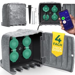 Kesser&reg; Gartensteckdose Steinoptik mit 4 Steckpl&auml;tzen - mit WiFi Funktion Steuerung per App - Inkl.Erdspie&szlig;, Mehrfachsteckdosen aussen mit 3m Verl&auml;ngerungskabel Au&szlig;ensteckdose IP44 D&auml;mmerungssensor