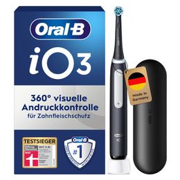 Oral-B iO Series 3 Zahnb&uuml;rste (Magnetische iO-Technologie mit sanften Mikrovibrationen, intelligente Andruckkontrolle, 3 Putzprogramme, gelbes Licht signalisiert B&uuml;rstenkopfwechsel, Timer, Reiseetui, Matt Black)
