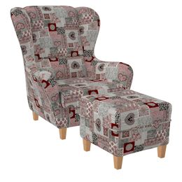 Supellex Sofia Ohrensessel mit Hocker Design Patchwork Ornamente, Herz Rot?