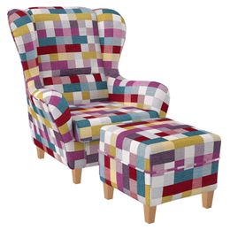 Supellex Sofia Ohrensessel mit Hocker Design Patchwork kariert bunt?