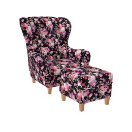 Supellex Sofia Ohrensessel mit Hocker Patchwork, Samt-Velours, Rosen?