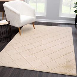 Hochflor-Teppich Carpet City "Moment", beige, B:120cm H:31mm L:170cm, Polyester, Teppiche, besonders weich, Kaninchen Fell Haptik, 3D-Effekt, Rauten, Wohnzimmer