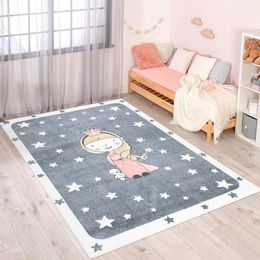 Kinderteppich Carpet City "ANIME893", grau, B:190cm H:11mm L:280cm, Polypropylen (PP), Teppiche, Kinderteppich, Kinderzimmer Teppich Modern mit Mond, Blumen, Wolken, Creme, Multi