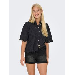 Spitzenbluse Only "ONLVALAIS S/S SHIRT WVN NOOS", Damen, Gr. XS, schwarz, Web, Obermaterial: 100% Baumwolle, unifarben, loose fit normal, gewellter Abschluss, Blusen Spitzenbluse, Baumwolle, loose fit