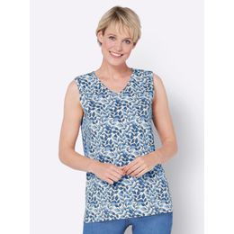 Shirttop Classic Basics, Damen, Gr. 42, blau (ecru, mittelblau, bedruckt), 95% Baumwolle, 5% Elasthan, gemustert, mehrfarbig, V-Ausschnitt, Tops Shirttop