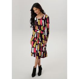 Jerseykleid Aniston SELECTED, Damen, Gr. 42, N-Gr, rot (weinrot, wollwei&szlig;, pink, schwarz, senf), Jersey, Obermaterial: 95% Viskose, 5% Elasthan, bedruckt, gemustert, figurumspielend knieumspielend, Rundhals, Kleider Jerseykleid, mit modernen, grafischen Allover-Print