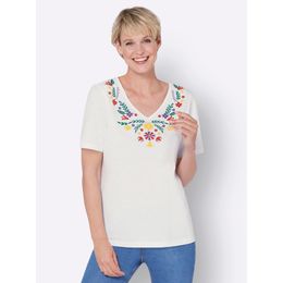 V-Shirt Classic Basics "Kurzarm-Shirt", Damen, Gr. 50, wei&szlig;, 100% Baumwolle, gebl&uuml;mt, gemustert, mehrfarbig, V-Ausschnitt, Shirts