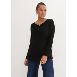 Langarmshirt bonprix, Damen, Gr. 44/46 (L), schwarz, Jersey, Obermaterial: 100% Baumwolle, unifarben, gerade Po-bedeckend, Rundhals, Krempel&auml;rmel,mit Knopf,mit Riegel, Shirts Langarmshirt, gerade Passform, Krempel&auml;rmel, Henley-Ausschnitt