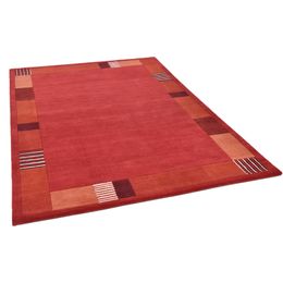 Wollteppich Theko "Royal Nepali 3085", rot, B:60cm H:15mm L:90cm, Schurwolle, Teppiche, reine Wolle, handgetuftet, Uni-Farben, mit Bord&uuml;re, modernes Design