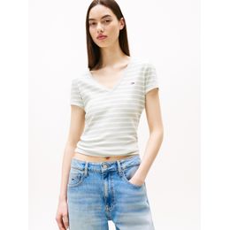 Kurzarmshirt Tommy Jeans "TJW SLIM ESSENTIAL RIB V SHORT SLEEVE", Damen, Gr. M (38), misty sage, stripe, Feinripp, Obermaterial: 95% Baumwolle, 5% Elasthan, gestreift, slim fit kurz, tiefer V-Ausschnitt, abgesteppt, Shirts, mit gerippter Struktur, V-Ausschnitt, Slim Fit