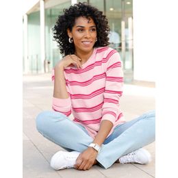Rundhalspullover Classic Basics "Pullover", Damen, Gr. 44, hellros&eacute;, fuchsia, geringelt, 100% Polyacryl, gemustert, gestreift, mehrfarbig, Pullover Rundhalspullover