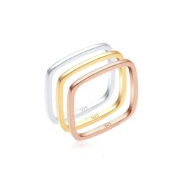 Ring-Set Elli "Tri-Color Statement Viereck Set 925 Silber vergoldet" Gr. 52, silber, Fingerringe, Damen, 52mm, ohne Stein, Silber 925 (Sterlingsilber), 1,5mm